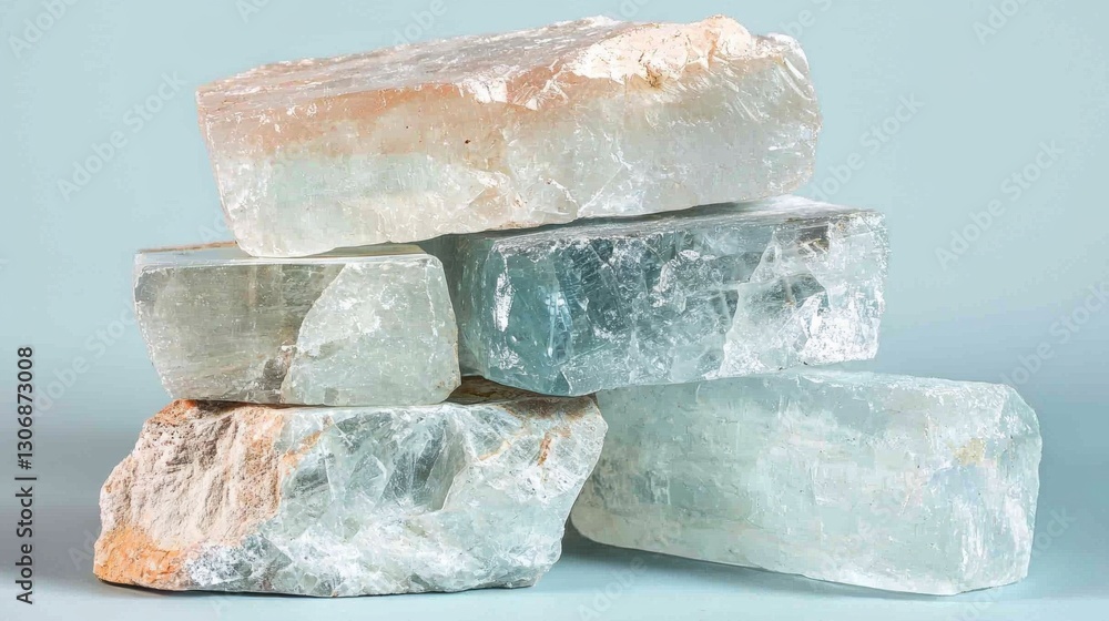 Stack of five large, irregularly shaped crystals on a light blue ...