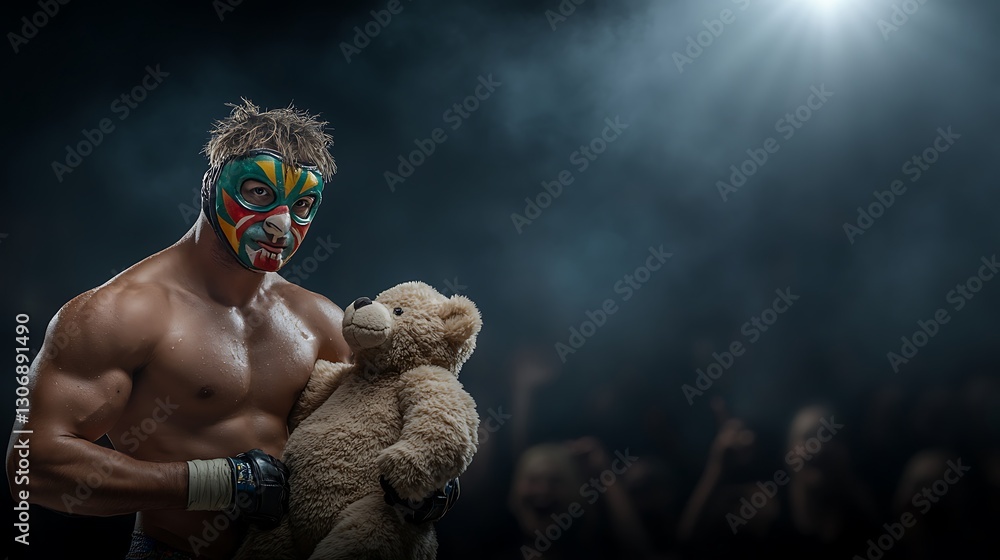 Muscular wrestler holds teddy bear, striking a pose with colorful mask ...