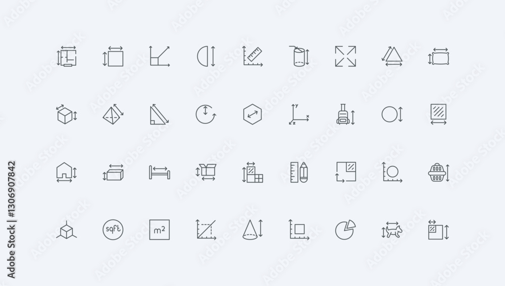Isometric arrows with scales, square and room area thin black outline ...