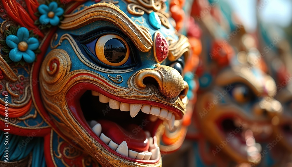 Close-up of Barong mask at cultural festival in Bali. Traditional ...