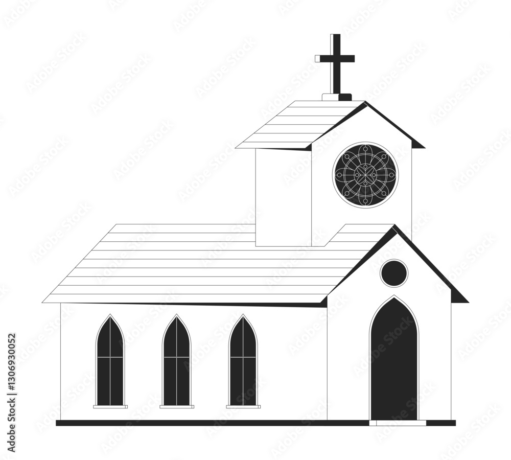 Traditional church building gothic windows 2D line object. Christian ...