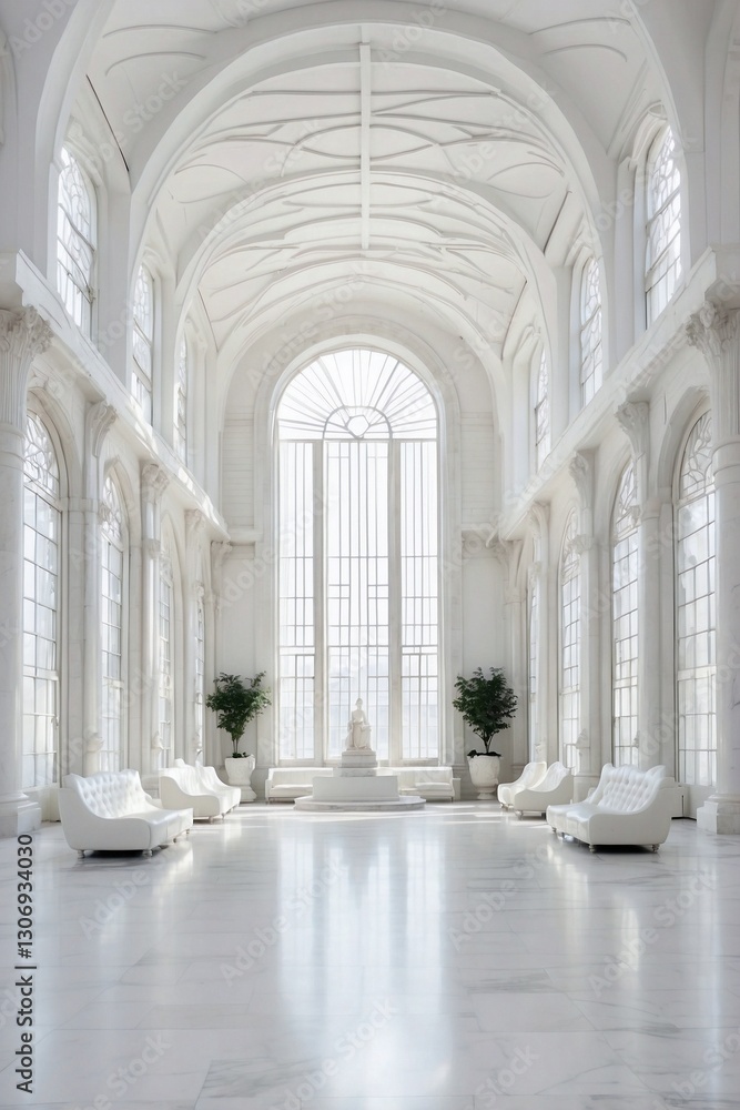 Grand hall with a white and silver color palette, elegant white marble ...