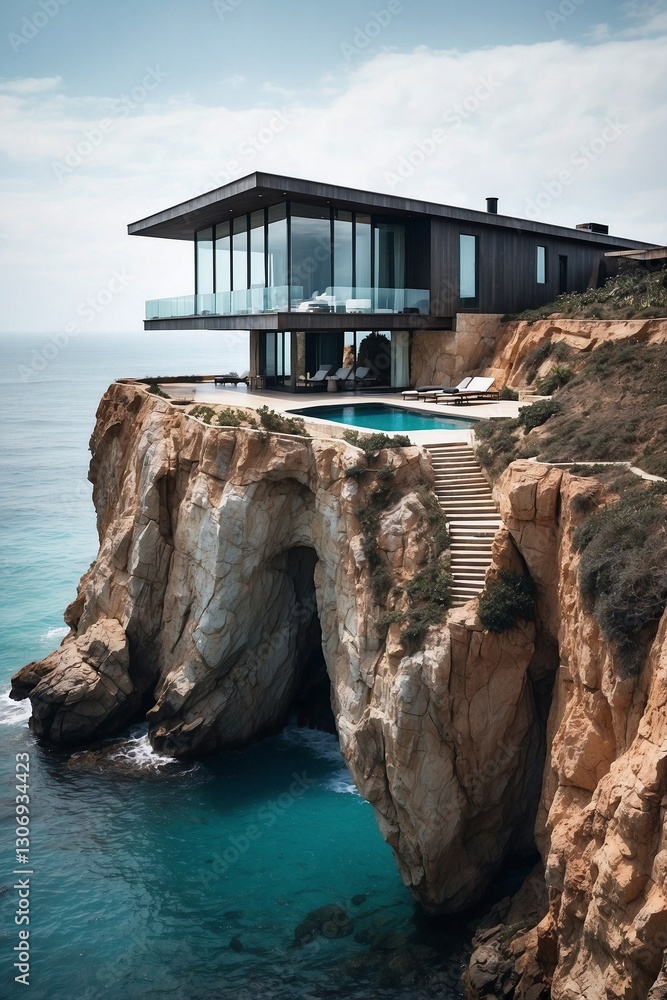 Modern house on top of a cliff overlooking the ocean, pool with crystal ...
