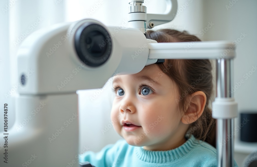 Toddler girl undergoing eye check examination with slit lamp microscope ...