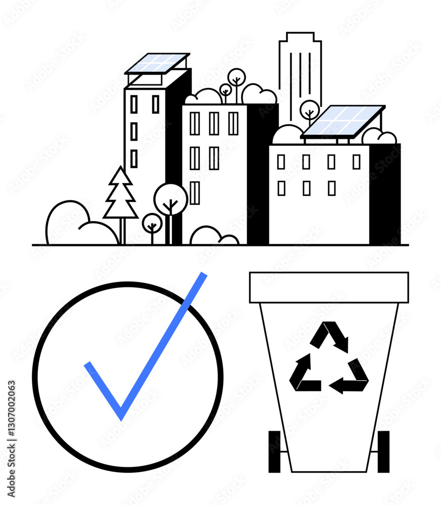 Solar-powered buildings with greenery in urban setting, recycling bin ...