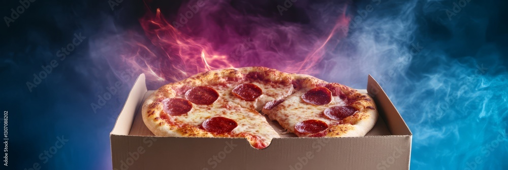 Airbrushed 80s pizza box open with melted cheese and pepperoni vibrant ...