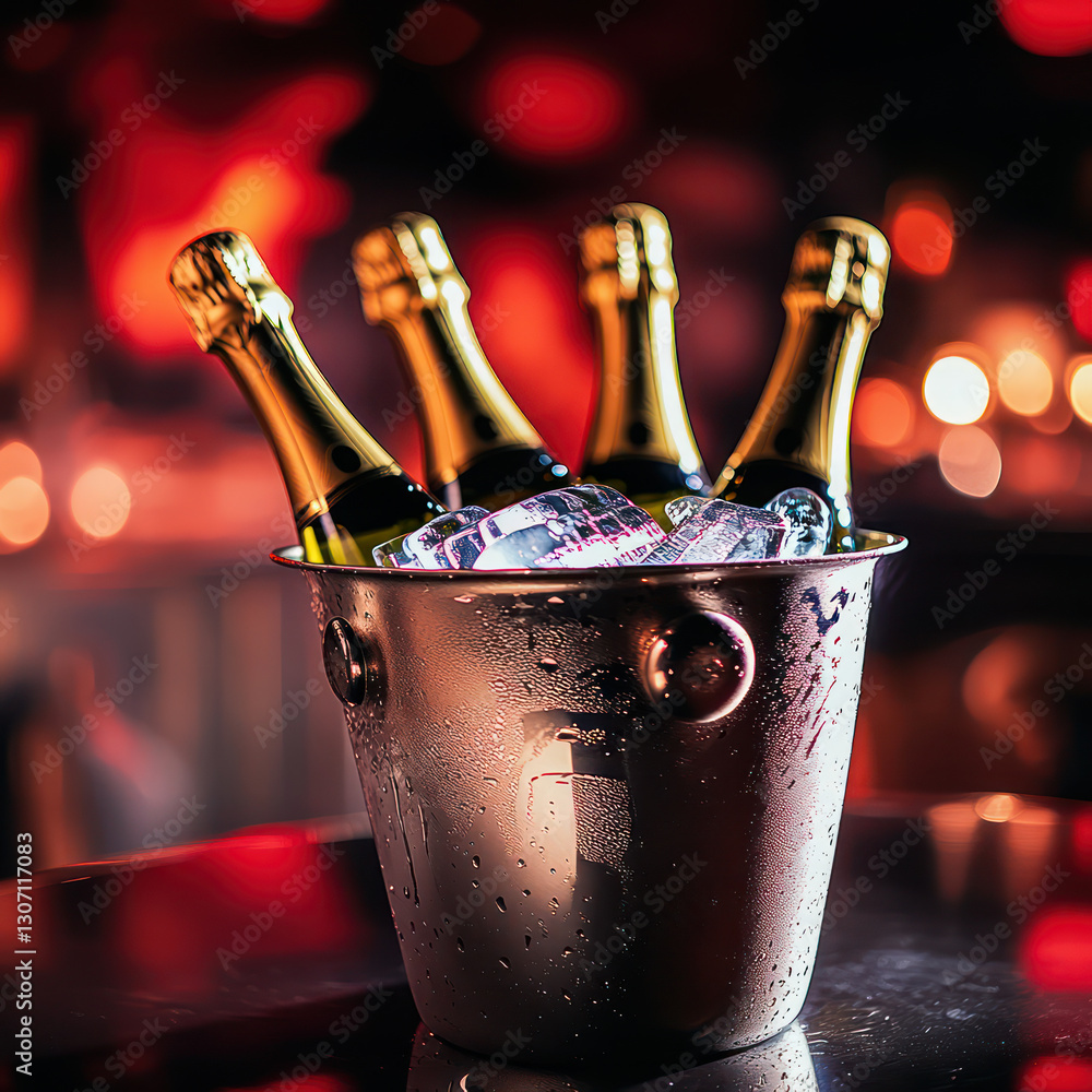 Chilled champagne bottles in silver ice bucket, surrounded by vibrant ...