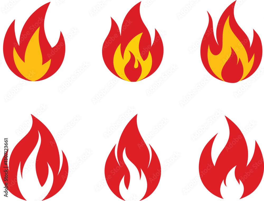 Collection of Burning Blazing Fire Flames Icons. Cartoon Hot Fire ...