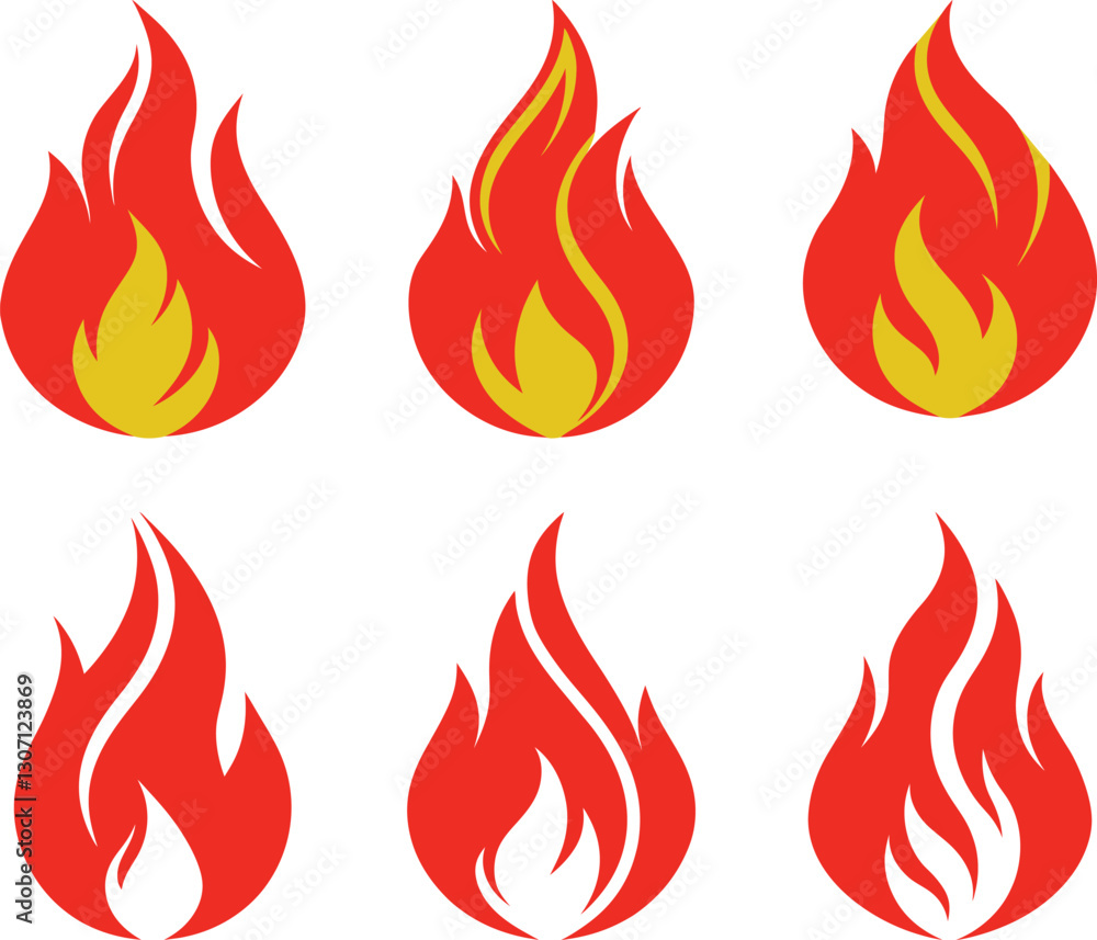 Collection of Burning Blazing Fire Flames Icons. Cartoon Hot Fire ...