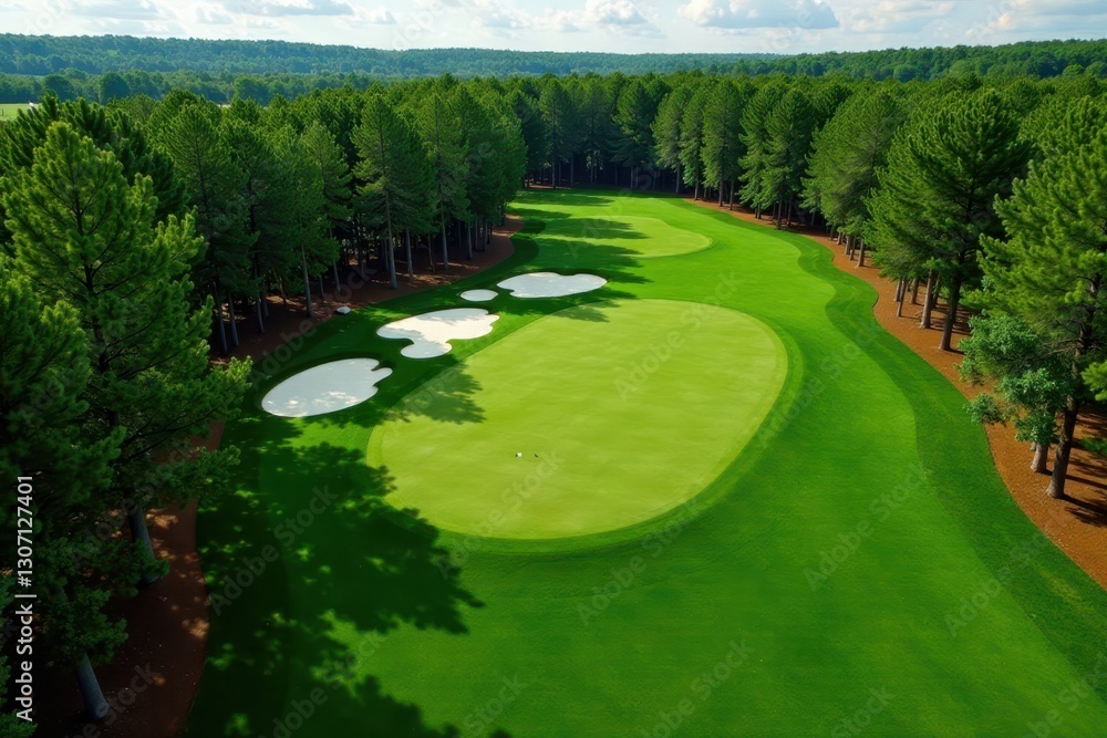 Aerial view of Augusta National Golf Course during tournament , azaleas ...