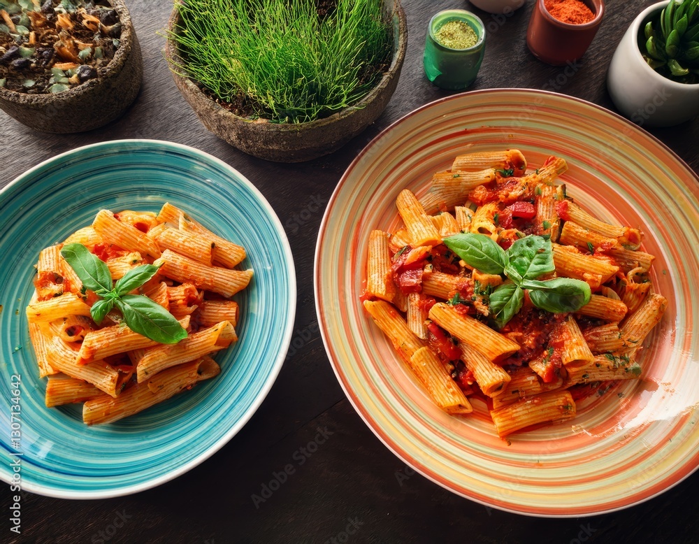 Two plates of spicy rigatoni on colorful mismatched plates, overhead ...