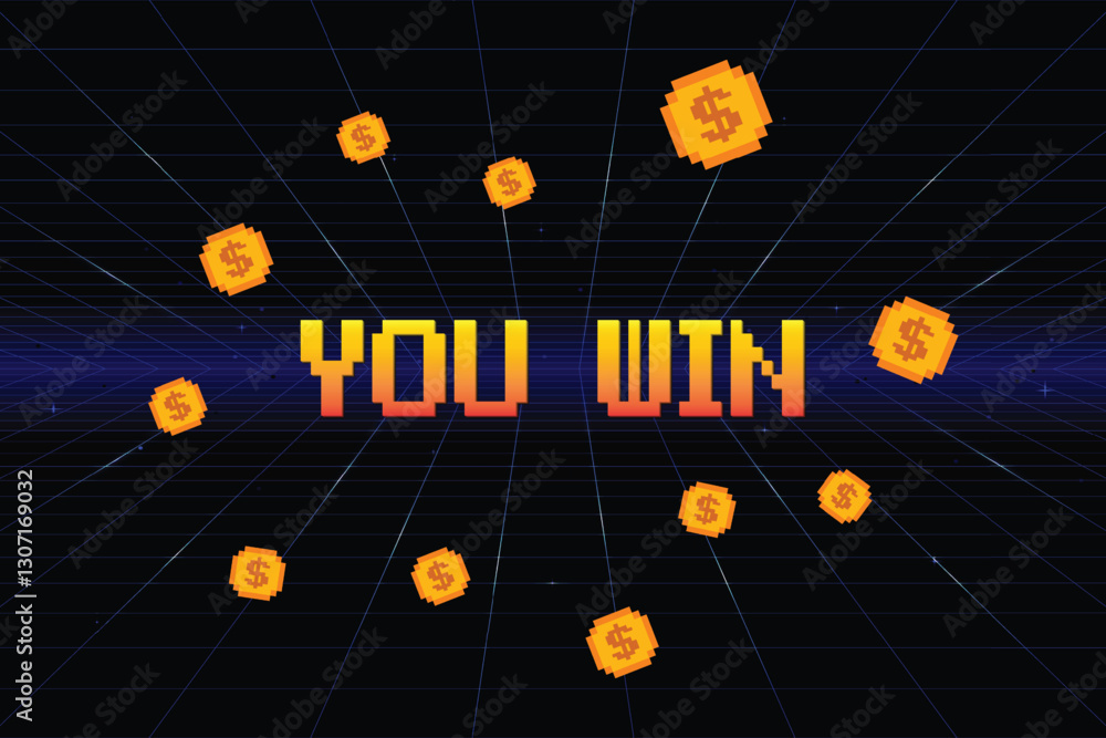 8-bit pixel art with text "You Win" on blue background. retro game. for ...