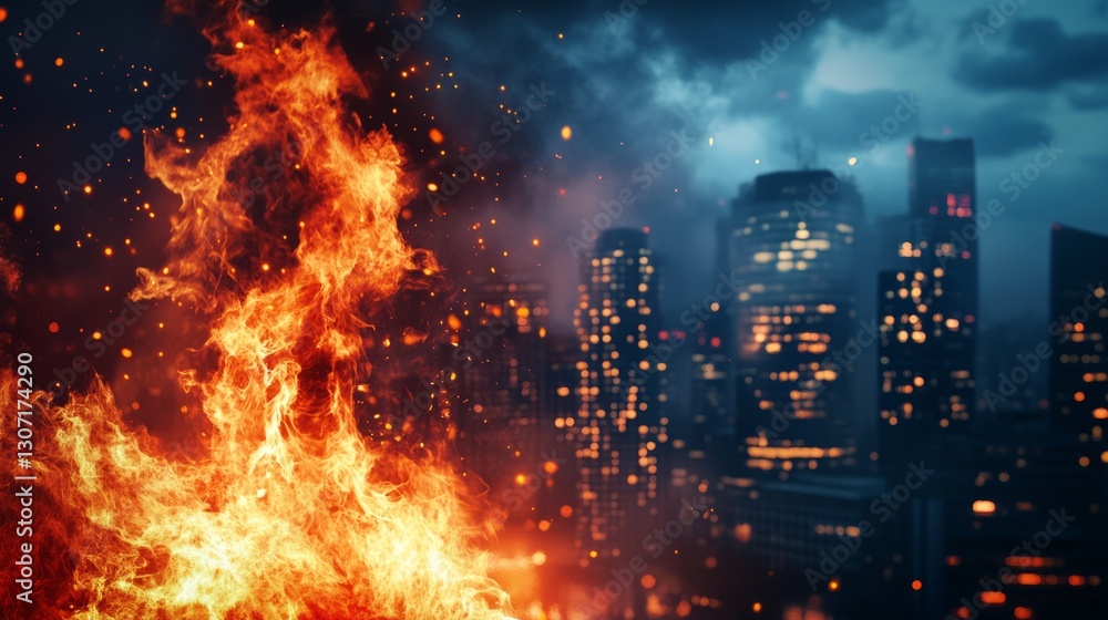 fire, line-art, macro, cityscape background, bright fire contrasting ...