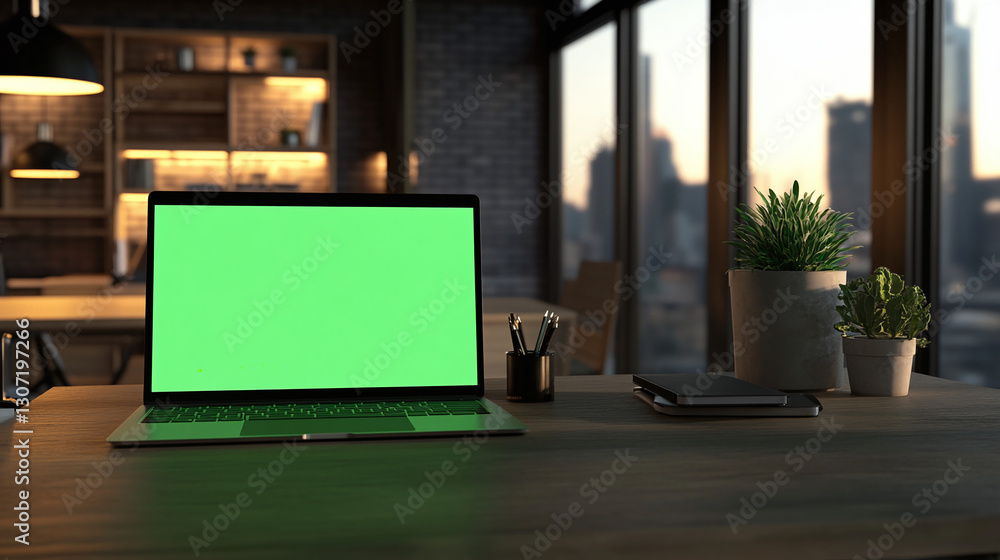 3d realistic render of laptop with green screen chroma key monitor in ...