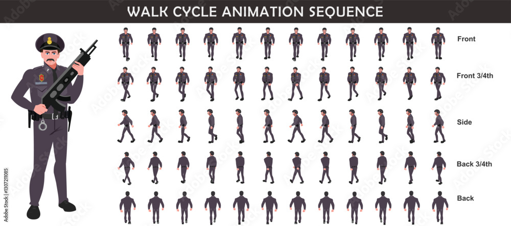 Police Officer Character walk cycle animation sequence. Front walk ...