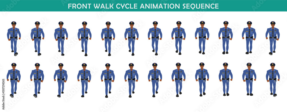 Police Officer Character walk cycle animation sequence. Front walk frame by frame animation ...
