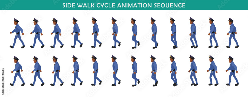Police Officer Character walk cycle animation sequence. Front walk frame by frame animation ...