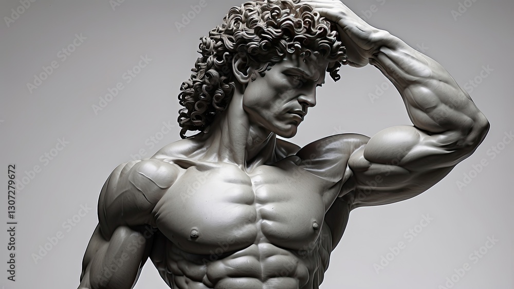 A detailed, monochromatic sculpture of a muscular male figure, posed in ...