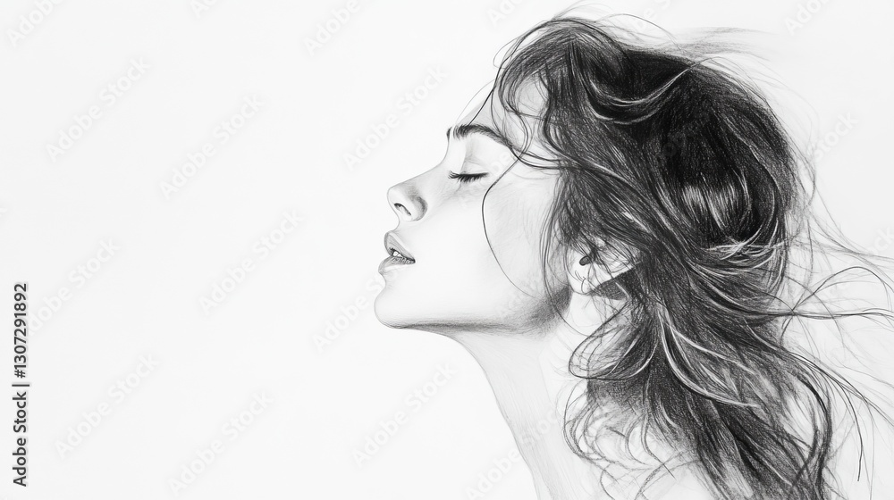 woman, pencil sketch, side view, white background, flowing hair and ...