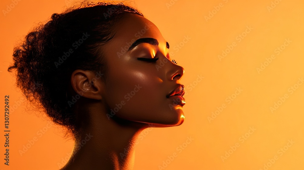 woman, side view, orange solid background, glowing skin and a soft ...