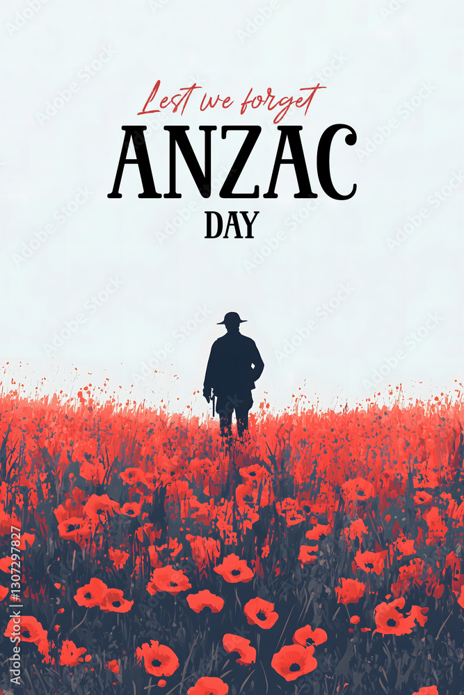 Anzac day, lest we forget. Field of red poppy flowers with soldier ...