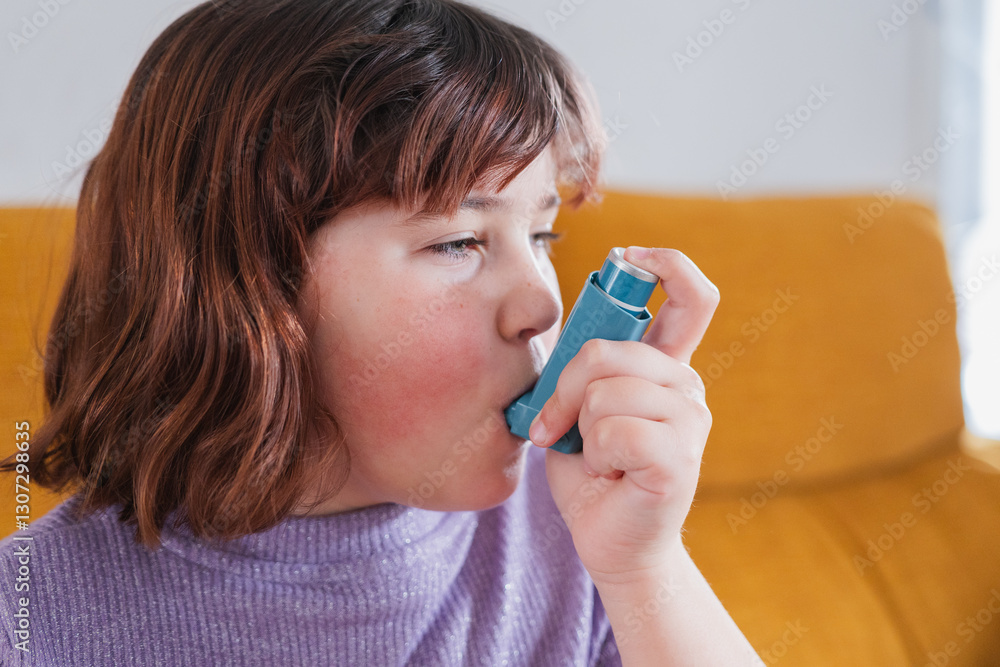 Child using inhaler for asthma relief at home during daytime Stock ...