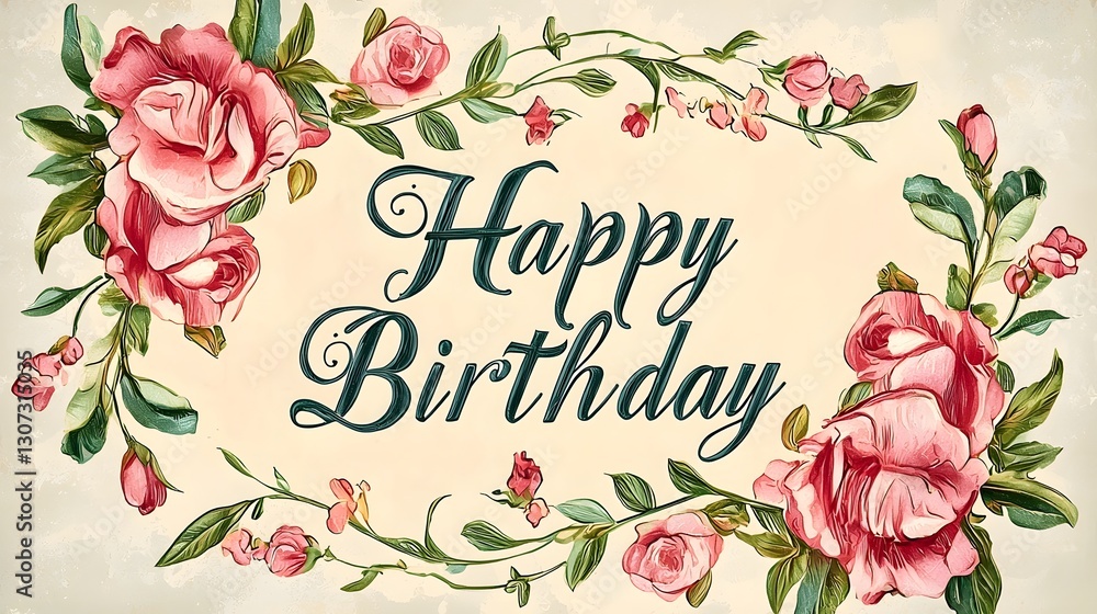 Vintage inspired birthday card with a hand painted floral border and a ...