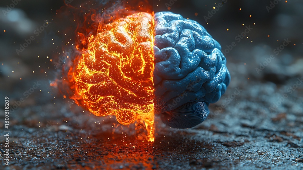 Brain split down the middle one side glowing with vivid colors and ...