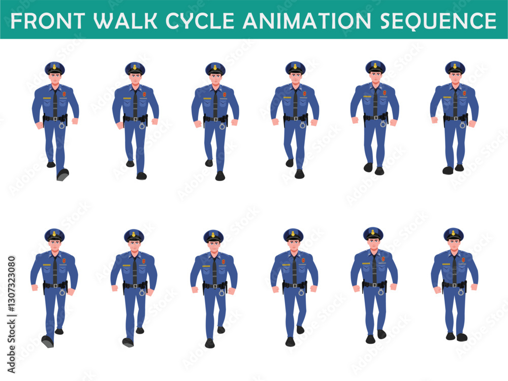 Police Officer Character walk cycle animation sequence. Front walk ...