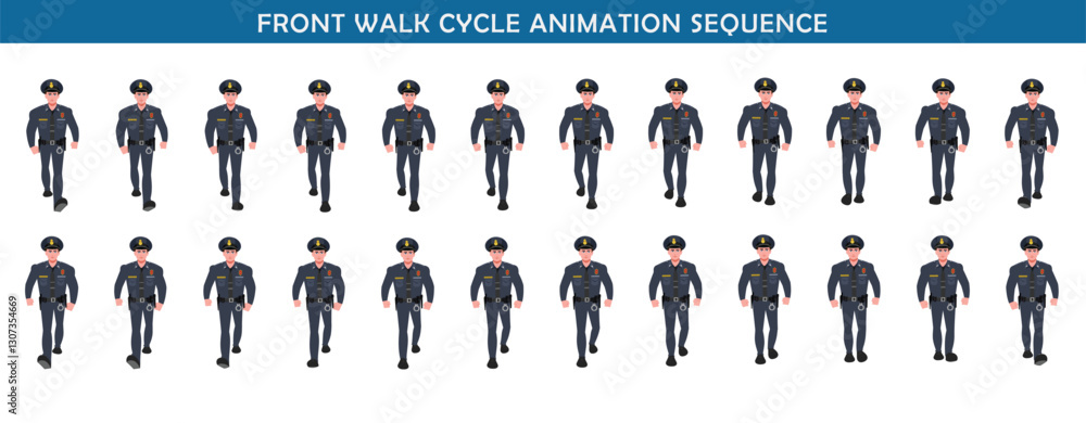 Police Officer Character walk cycle animation sequence. Front walk ...