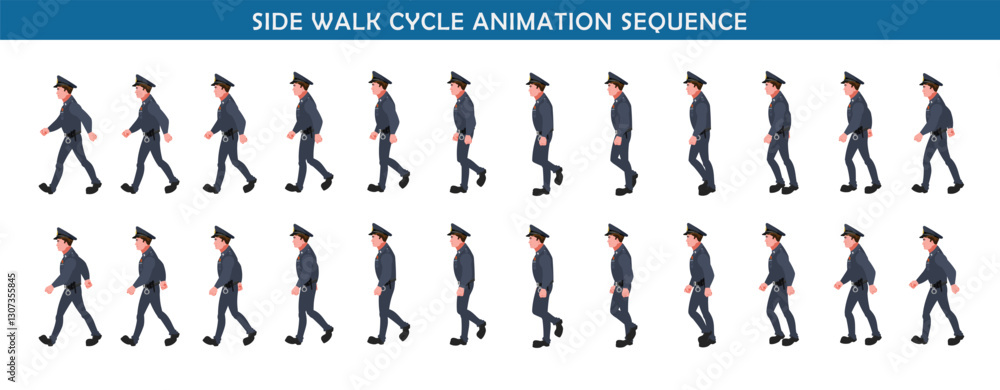 Police Officer Character walk cycle animation sequence. Front walk ...