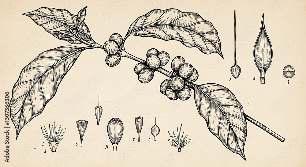 Botanical illustration, coffee plant, coffee beans, leaves, flowers ...