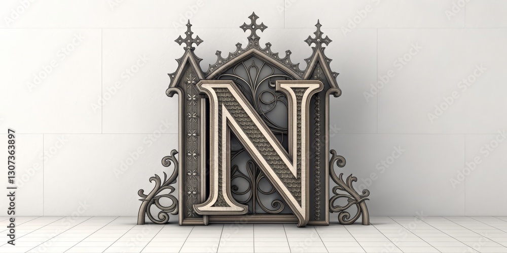 Gothic Ornate Letter N 3D Render, Architectural Font Design, Medieval ...