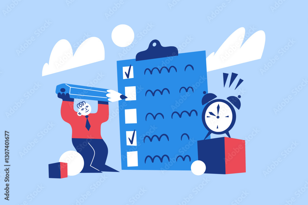 Check list. Task plan. Survey or checklist. Business man write in ...