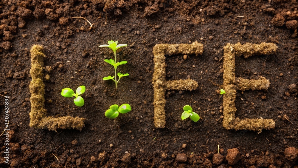 Soil with sprouts forming the letters LIFE from top view, showing ...