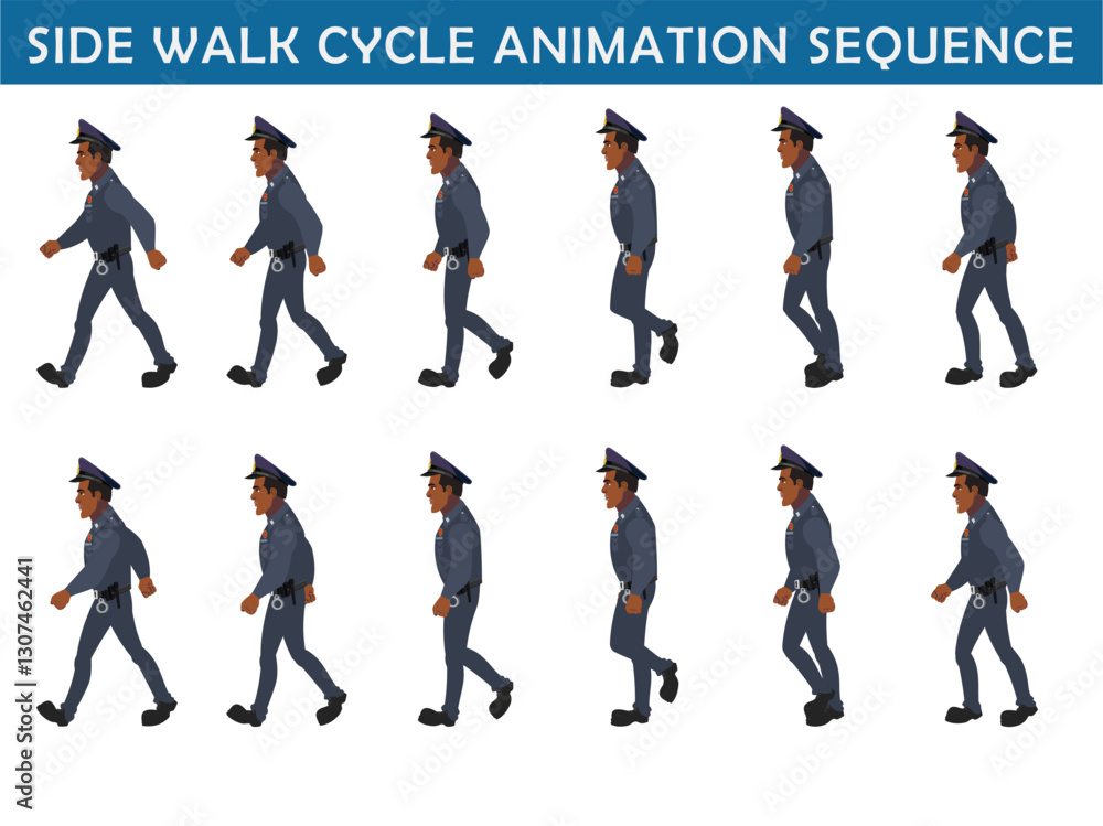 Police Officer Character walk cycle animation sequence. Front walk frame by frame animation ...