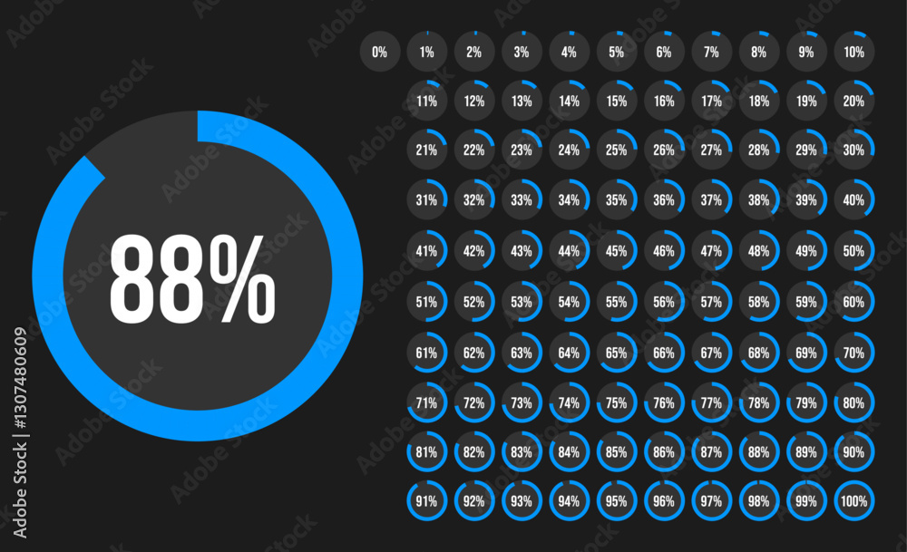 Circular percentage loading progress pie chart diagram infographic from 0 to 100 percent with ...