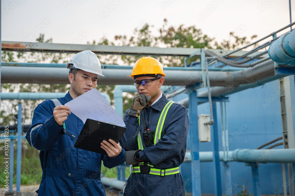 Petrochemical engineer working at petroleum oil refinery industry area ...