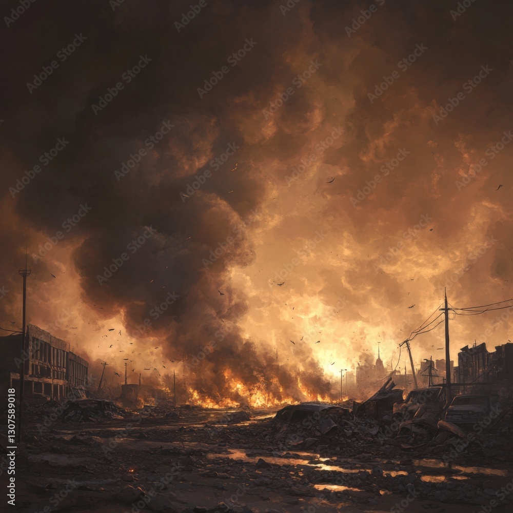 Smoke and destruction engulf a devastated landscape after a ...