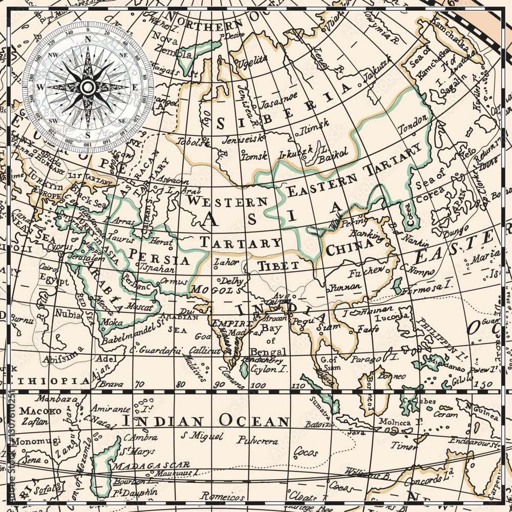 An old historical vintage map of the Asian part of Eurasia with the ...