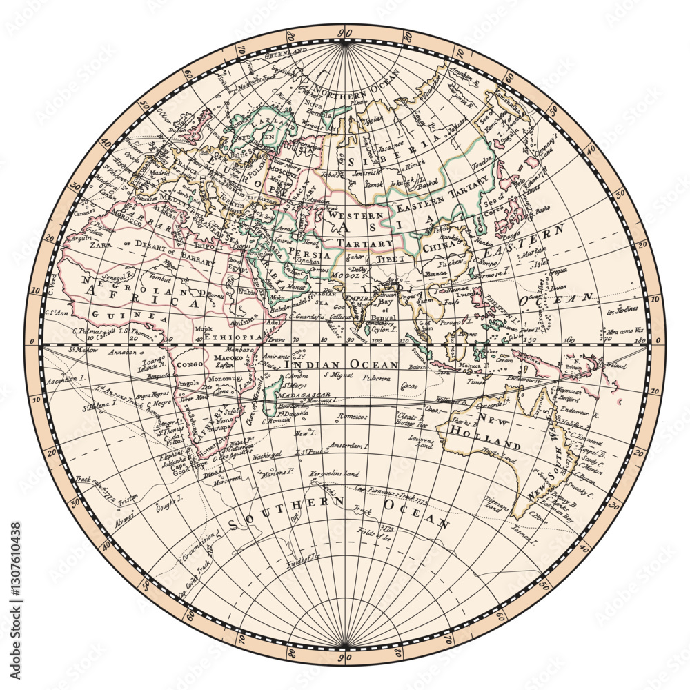An old historical vintage map of the eastern hemisphere of the planet ...