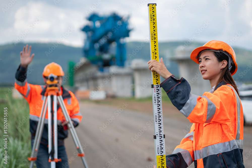 Survey team is working with a theodolite and road construction plans ...