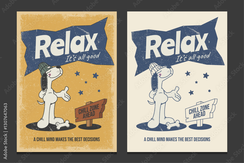 retro 30s poster with a cute dog cartoon character, vector illustration ...