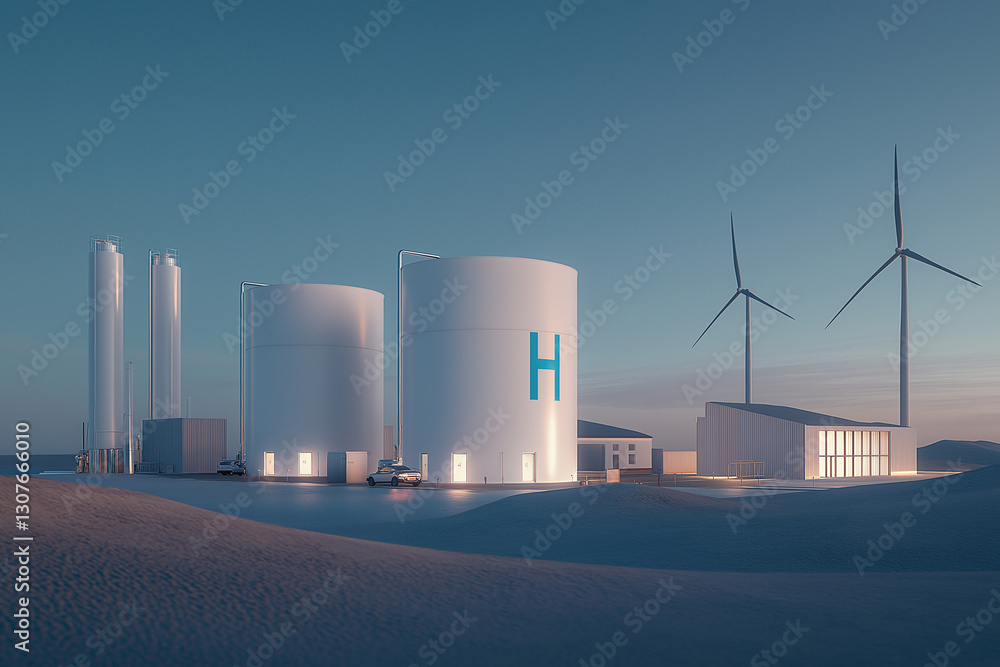 Hydrogen storage tanks with H logo, wind turbines, and solar panels in ...