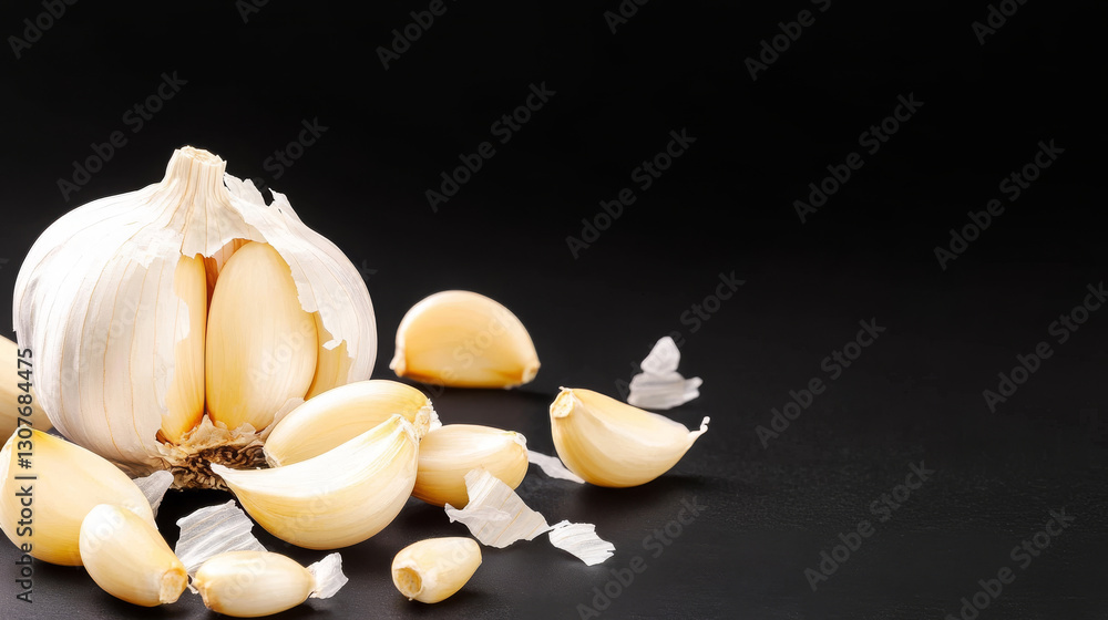 Garlic bulb cracking open, revealing fragrant cloves against dark ...