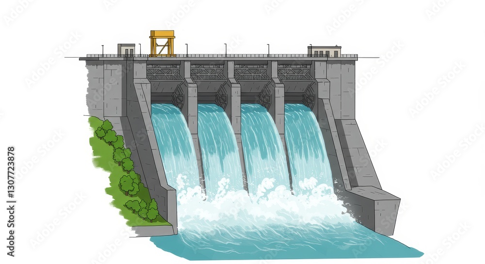 Hydroelectric Dam Power Generation - A detailed illustration of a ...