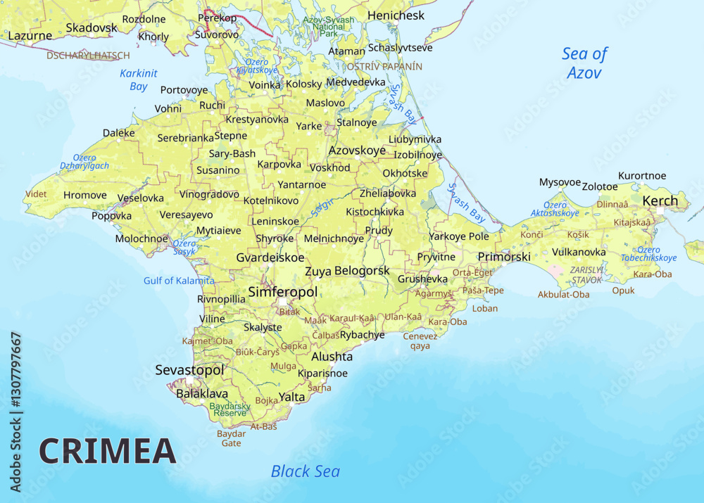 This detailed map showcases the Crimean Peninsula, highlighting its major cities, towns, and ...