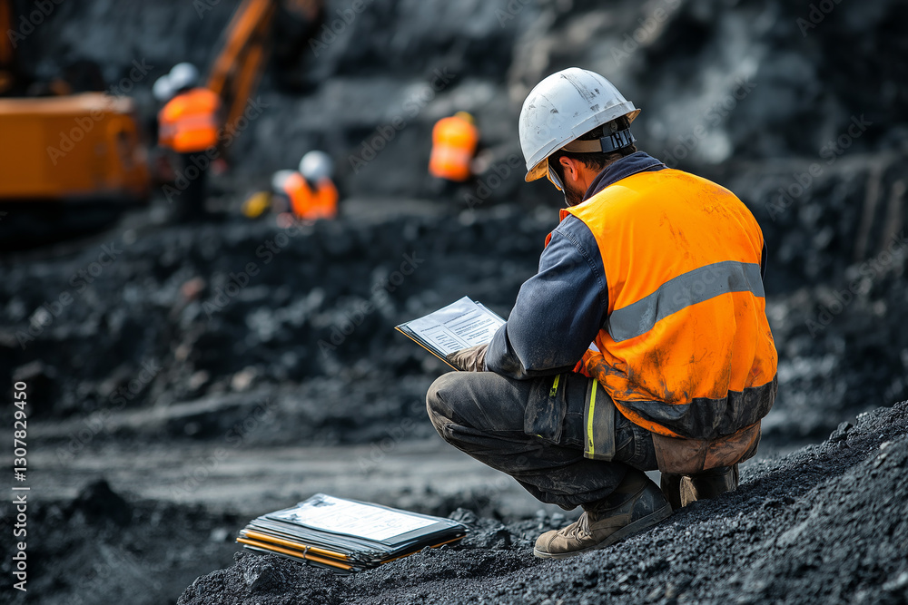 Miners wearing white fall protection helmets, signing safety control ...