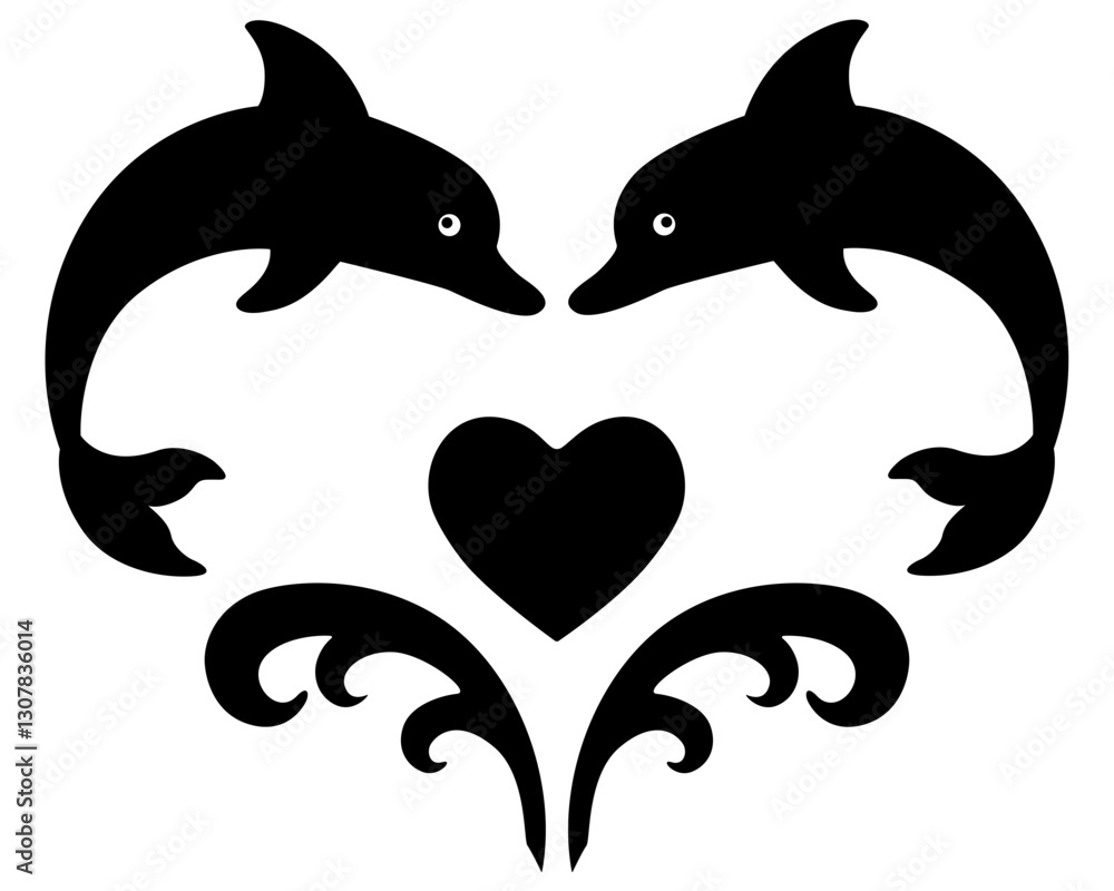 Heart of Jumping Dolphins and Waves - vector black silhouette for logo ...