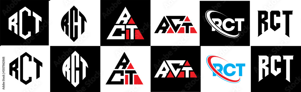 RCT letter logo design in six style. RCT polygon, circle, triangle ...